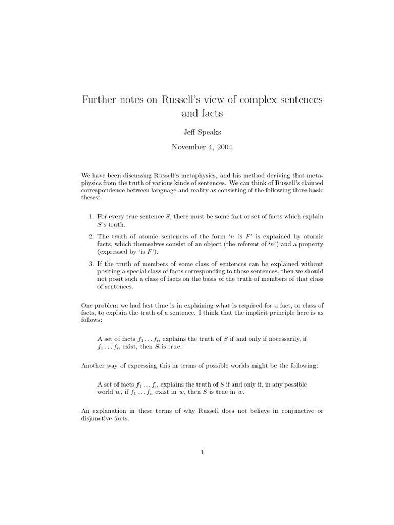 Russell Complex Sentences Facts | PDF | Truth | Existence
