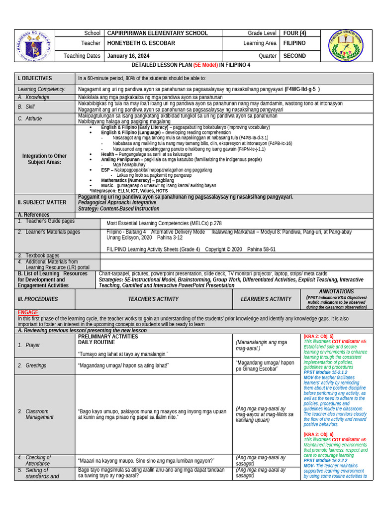 Co DLP Filipino 4 Q2 2023 2024 | PDF | Learning | Teachers