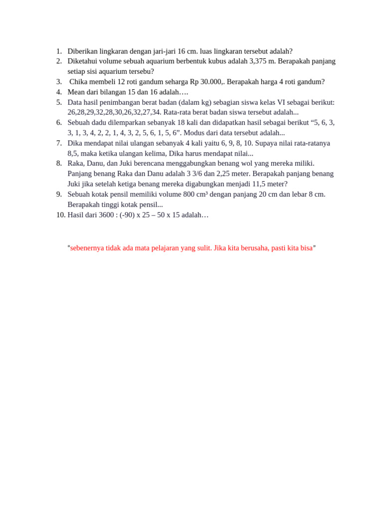 Soal MTK Kelas 6 | PDF