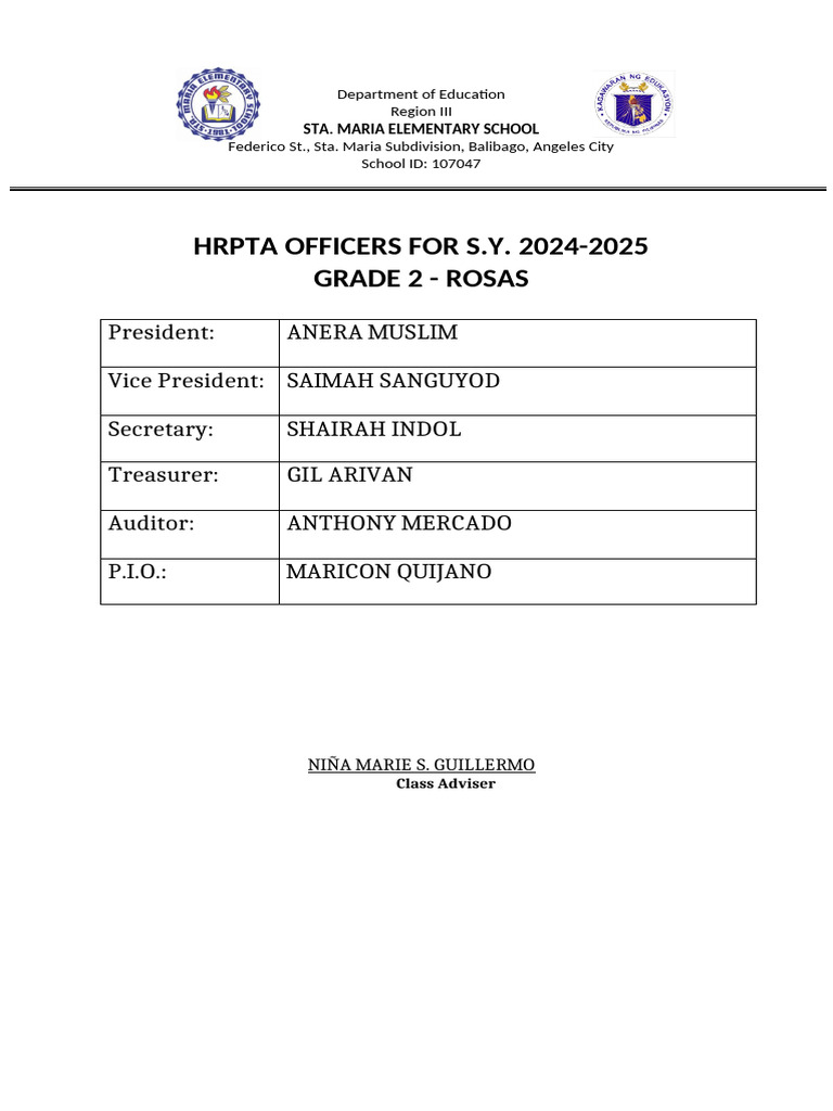 Grade 2 HRPTA & Class Officers 2024-25 | PDF