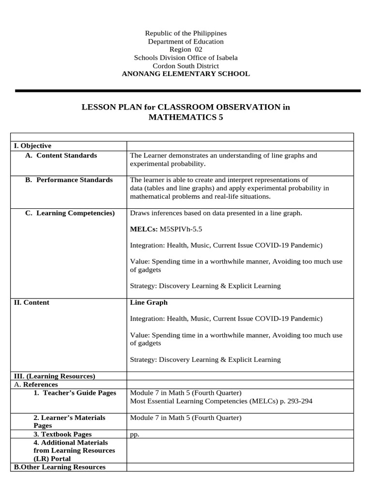 C0-LESSON-PLAN-MATH 5 - LINE GRAPH | PDF | Chart | Learning
