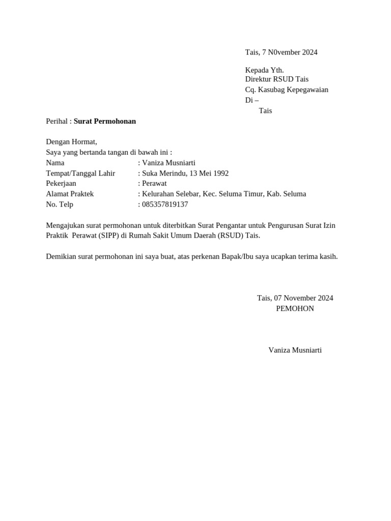 Surat Permohonan Vaniza | PDF