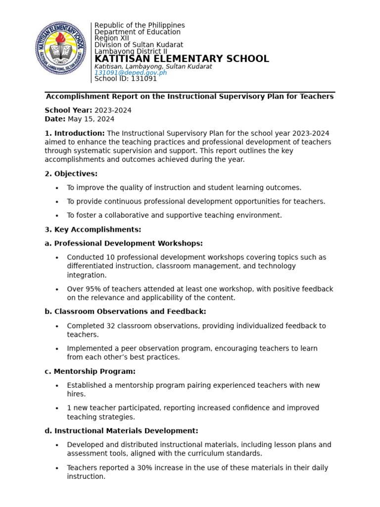 Accomplishment Report On The Instructional Supervisory Plan For Teachers | PDF | Teachers ...