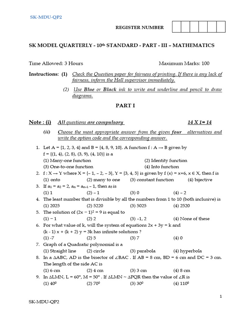 10th Maths EM Quarterly Exam 2023 Model Question Paper 1 English Medium ...