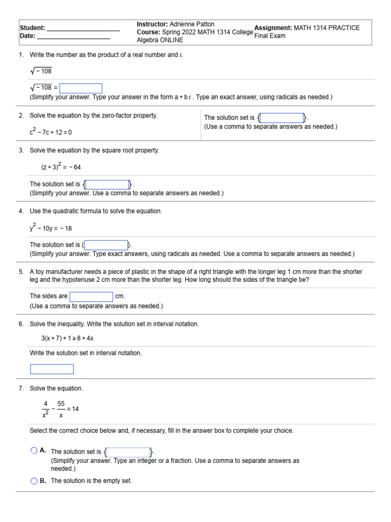 College Algebra Practice Exam | PDF | Function (Mathematics) | Logarithm