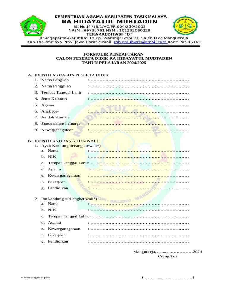 A.3.1 FORMULIR PENDAFTARAN PAUD TK KB | PDF