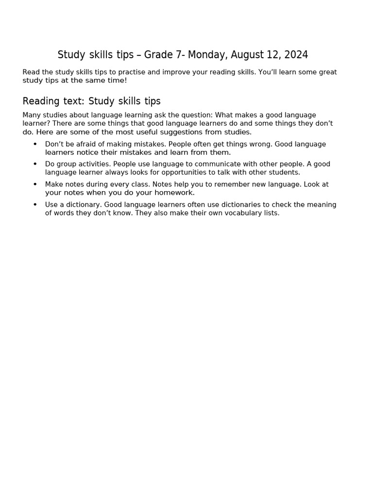Reading-Study-skills-tips-Monday August 12 2024-Grade 7 | PDF | Study ...