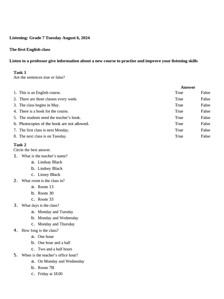 Grade 7 Listening Course Details | PDF