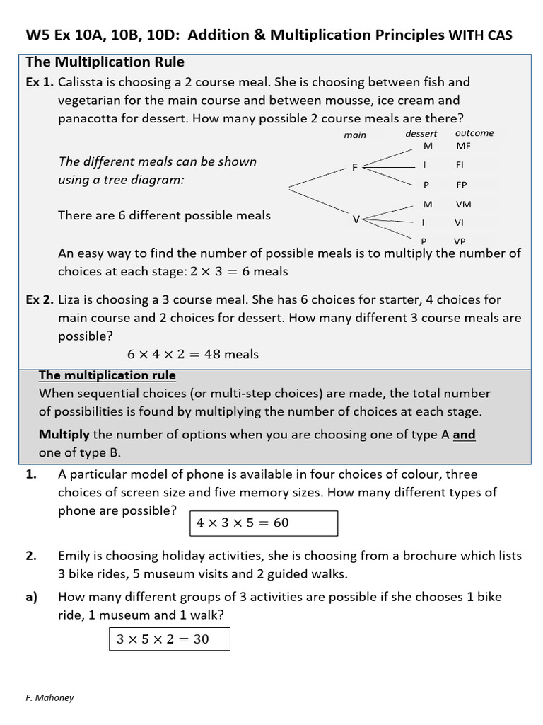 W5 Ex 10A 10B Addition and Multiplication Principles Soln | PDF | Permutation | Mathematics