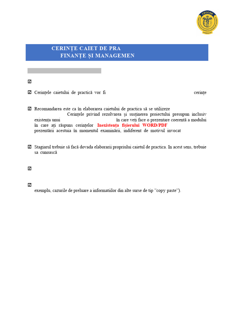 FMF - Caiet de Practica - Cerinte - 2024 CECCAR | PDF