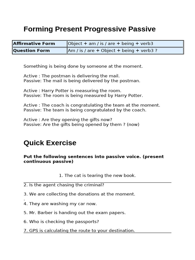 Forming Present Progressive Passive wORKSHEET TUESDAY 13 AUGUST 2024 | PDF