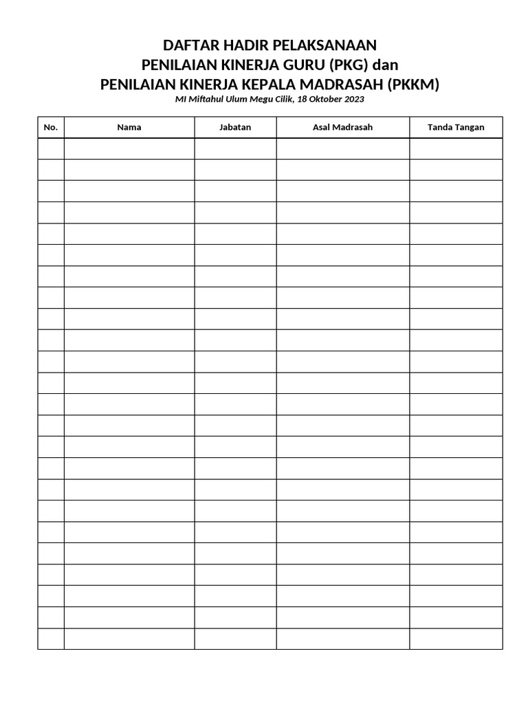 Daftar Hadir Pelaksanaan Pkg | PDF