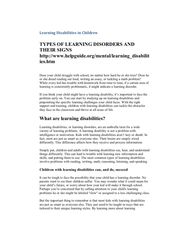 Learning Disabilities in Children | PDF | Learning Disability | Reading (Process)