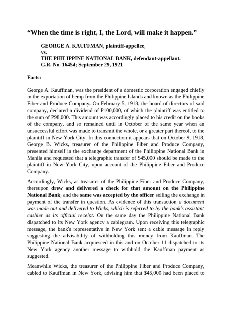 Kauffman vs. PNB, G.R. No. 16454, September 29, 1921 | PDF | Justice ...