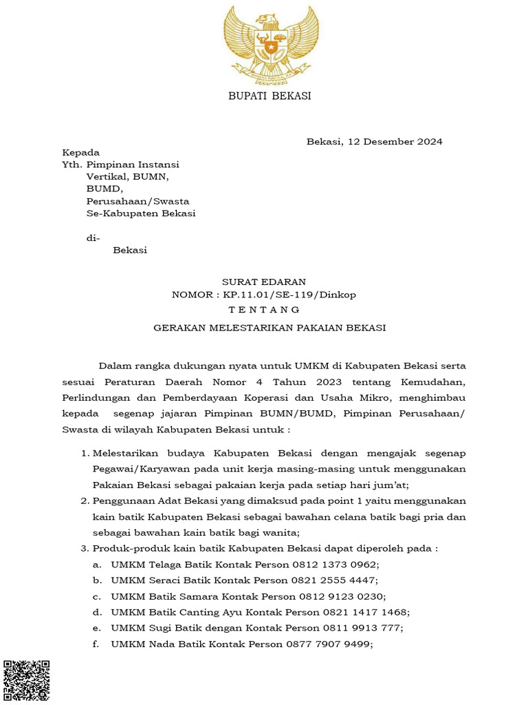 Signed-Surat Edaran Bupati Bekasi Tentang Gerakan Melestarikan Pakaian Bekasi | PDF