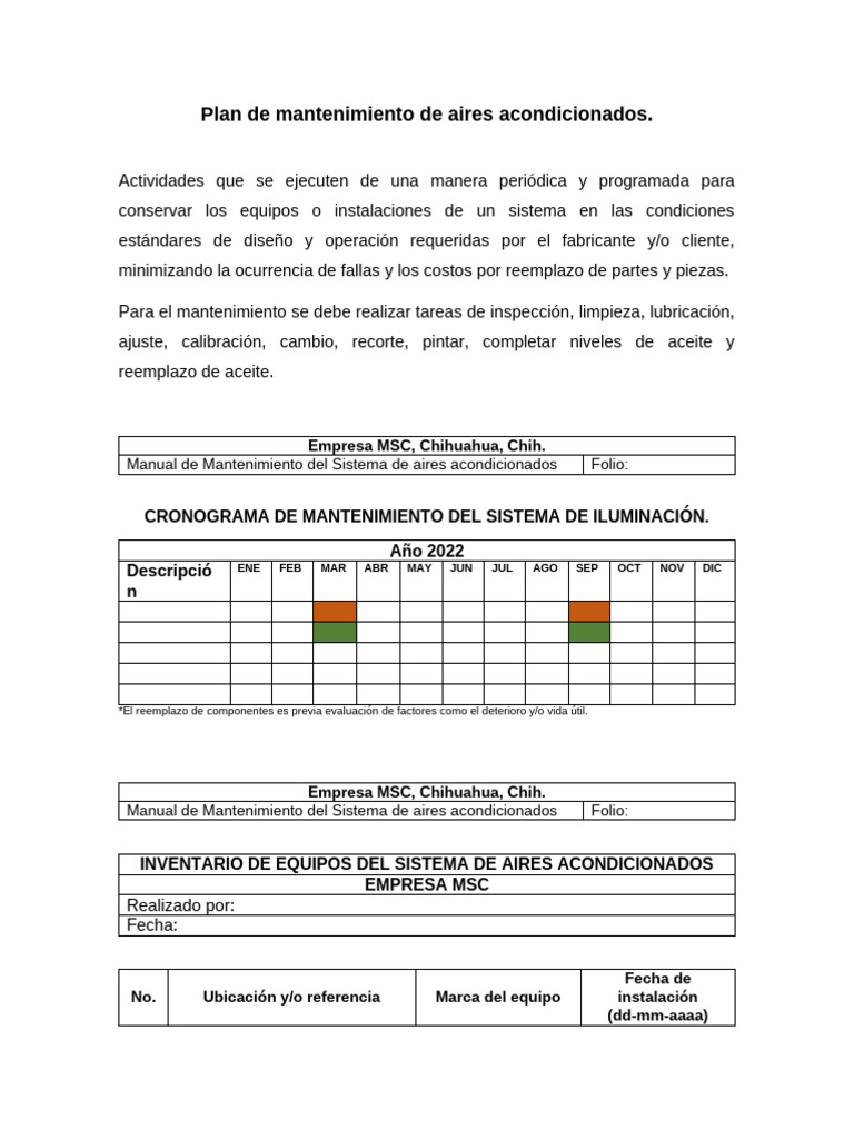 Plan de Mant Aire Acondicionado | PDF | Aire acondicionado