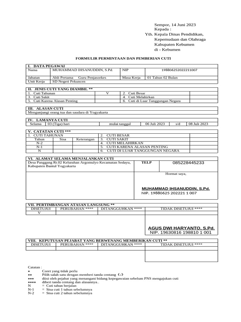 Surat Ijin Cuti Ihsan 2 | PDF