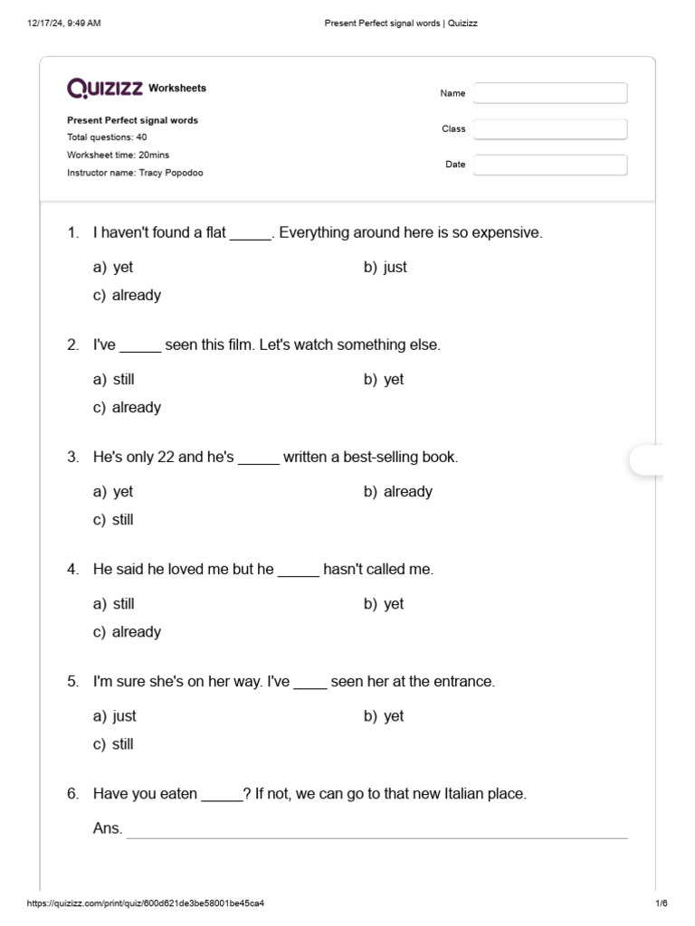 Present Perfect Signal Words Quiz | PDF