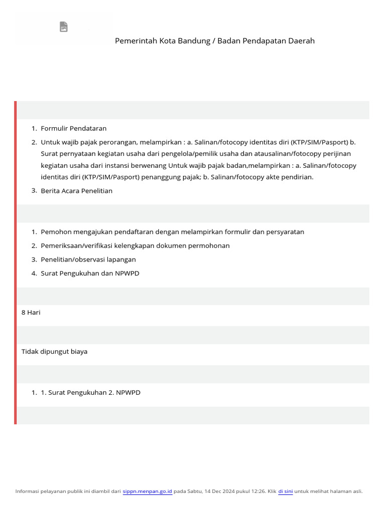 Unduh Standar Pelayanan - Penerbitan NPWPD Dan Pengukuhan Wajib Pajak | PDF