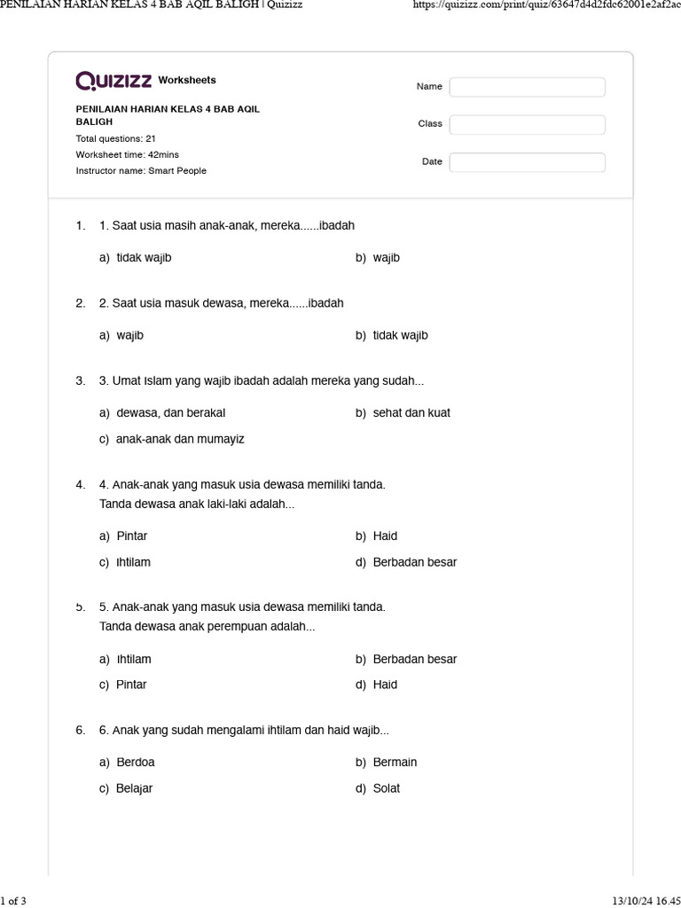 PENILAIAN HARIAN KELAS 4 BAB AQIL BALIGH _ Quizizz | PDF