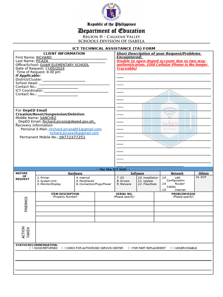 Fm-Sds-Ict-001 Rev 01 Ict Technical Assistance (Ta) Form-Editable | PDF | Computer Engineering ...