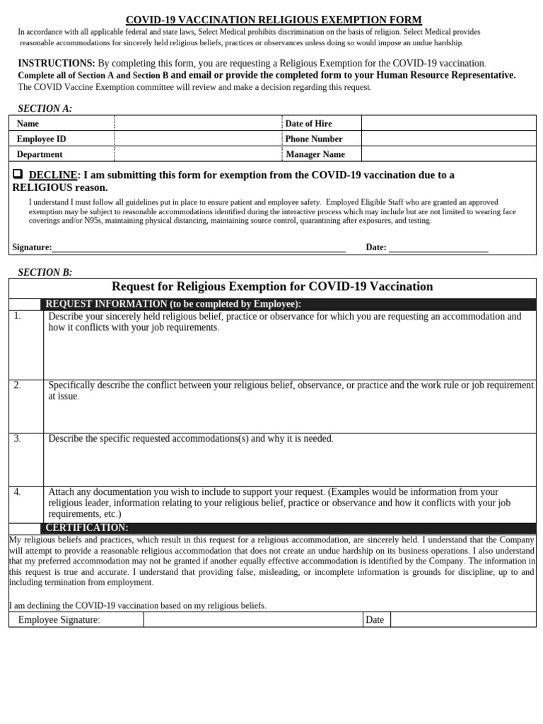 COVID-19 Vaccine Religious Exemption Form v5 CMS and OSHA Clean | PDF ...