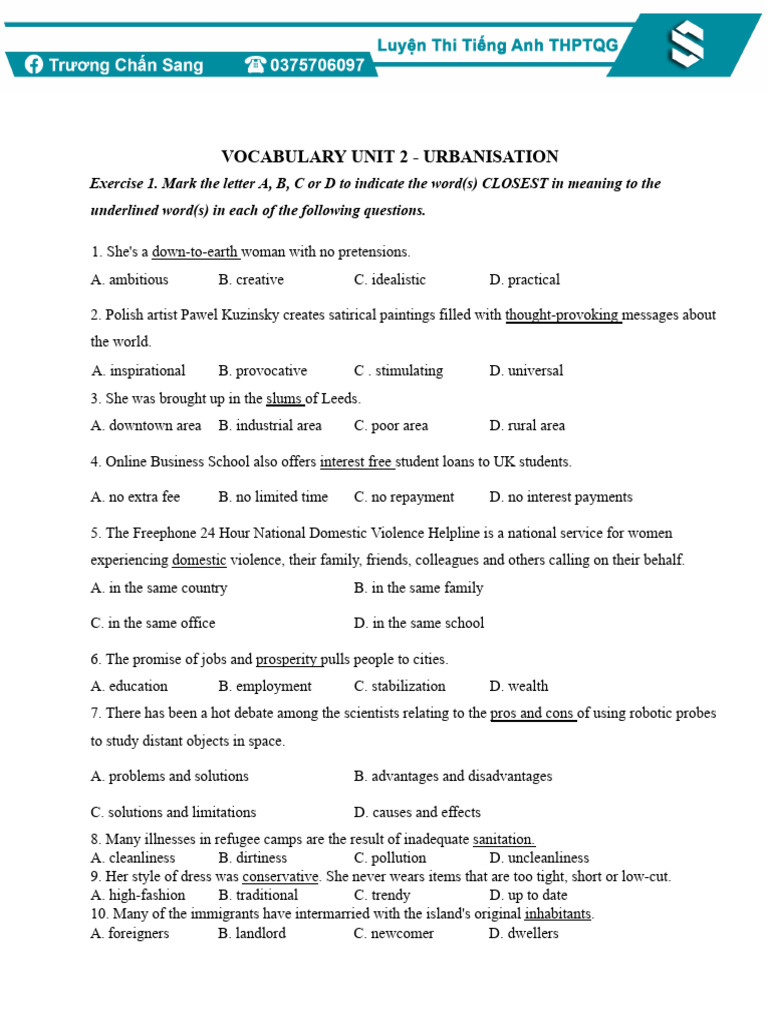 Bài Tập Từ Vựng Unit 2 - Tiếng Anh 12 | PDF | Urbanization