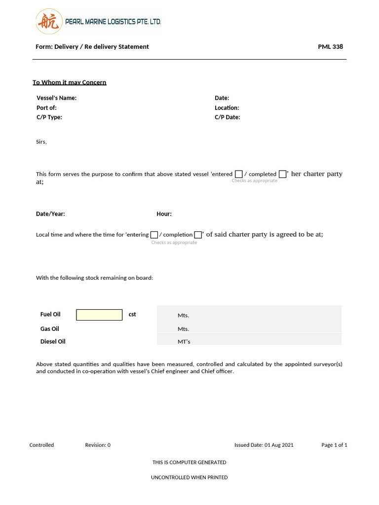 Vessel Delivery/Re-Delivery Statement | PDF