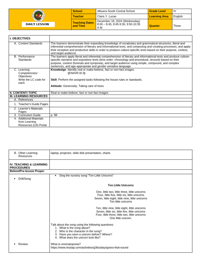 LP REGIONAL MANCOM Reality & Fantasy | PDF | Learning | Lesson Plan