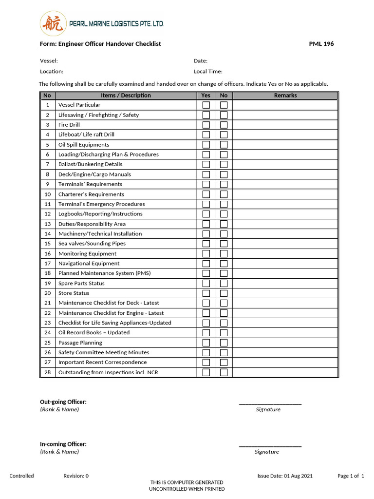 PML 196 - Engineer Officer Handover Checklist | PDF | Ships | Water ...