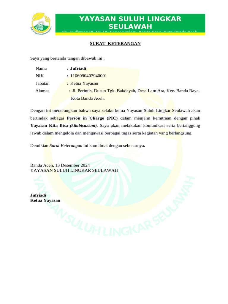 Surat Keterangan PIC Yayasan | PDF