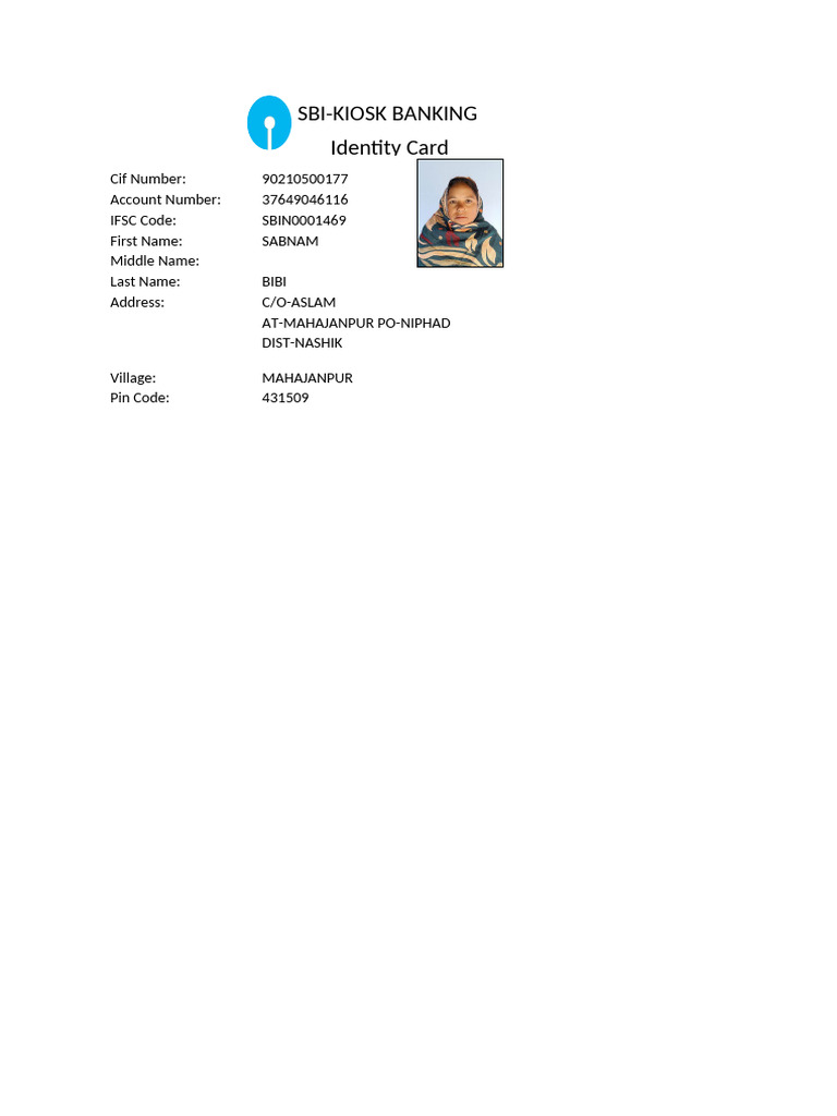 SBI Kiosk Banking Identity Card Details | PDF