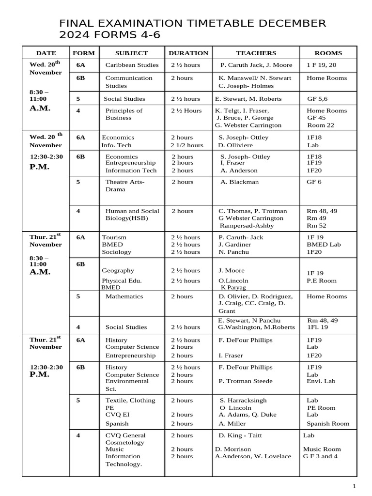 December 2024 Exam Timetable Forms 4-6 | PDF | Science