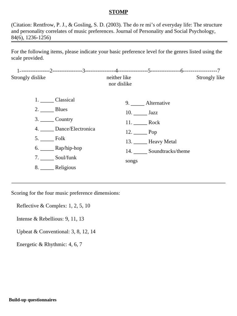 Questionnaires For Music Preference - Taken Fromrentfrow - & - Gosling - 2003 - STOMP | PDF