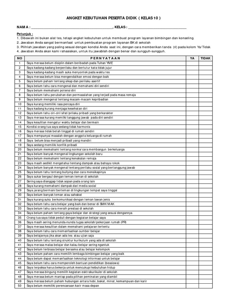 Angket Kebutuhan Peserta Didik Kelas 10 | PDF