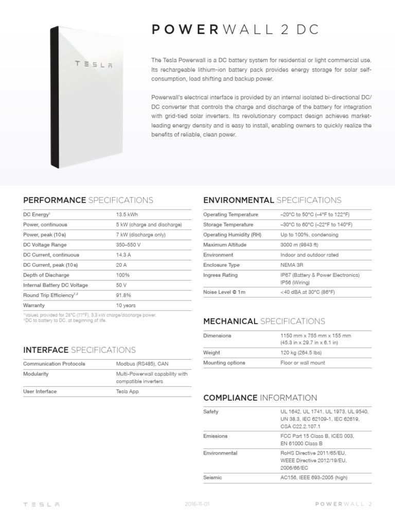Tesla Powerwall 2 Specifications Overview | PDF | Electrical ...