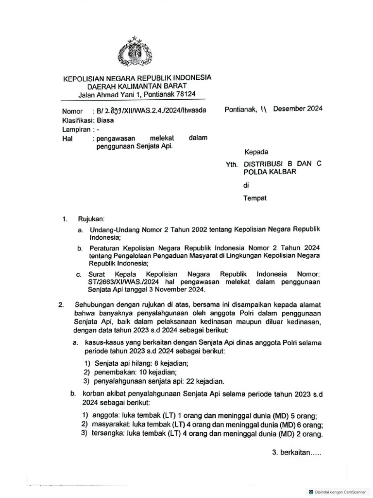 Surat Ke Jajaran Pengawasan Melekat Dalam Penggunaan Senjata Api | PDF