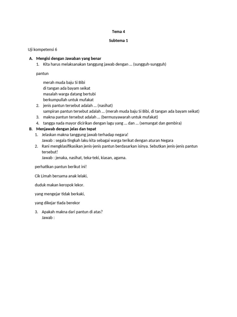 bank soal Tema 4 subtema 1 uji kompetensi 6 | PDF
