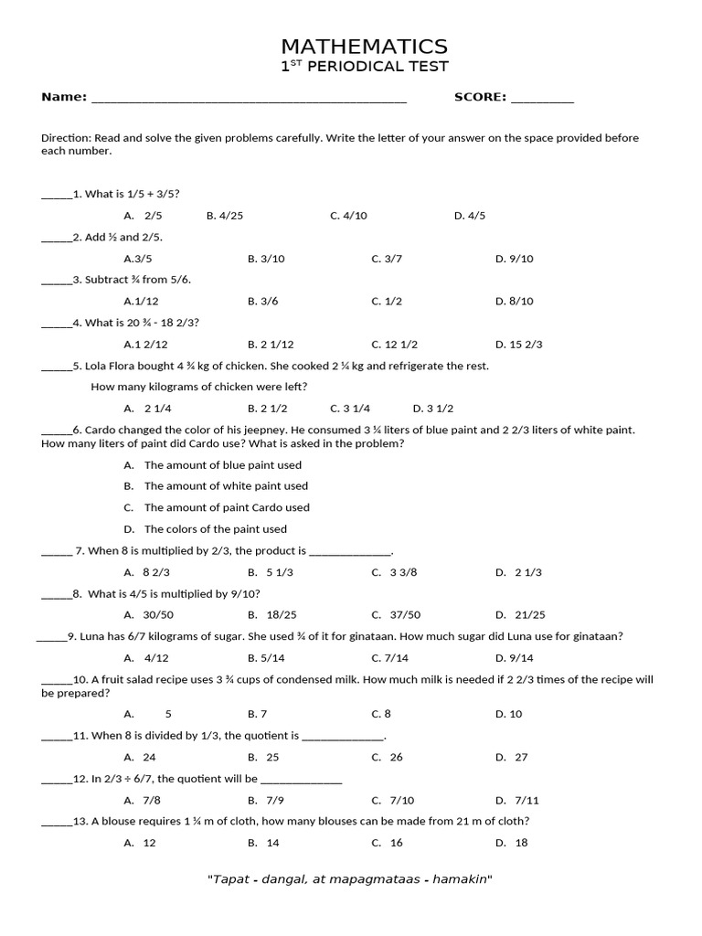 PT_MATHEMATICS 6_Q1 | PDF | Subtraction | Multiplication