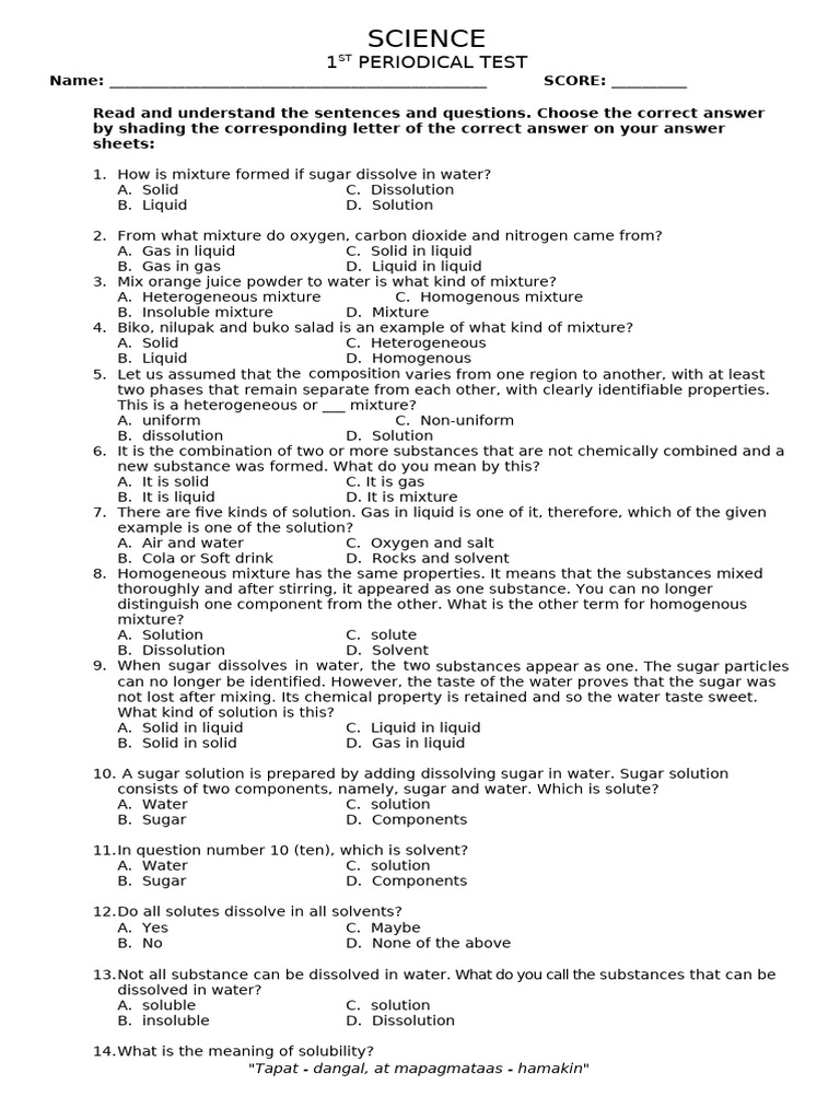 Mixture Types and Properties Quiz | PDF | Mixture | Solubility