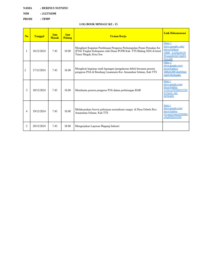 Log Book Magang DERINUS NUFNINU week 15 | PDF