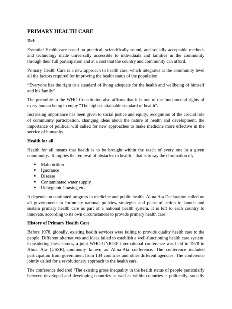 Primary Health Care - Notes - NCN 214 | PDF | Millennium Development ...