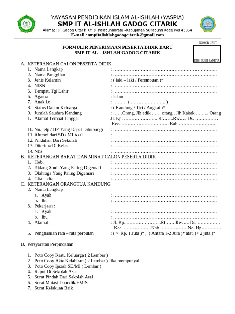 Formulir PSB 2024 Smpit Pindahan | PDF
