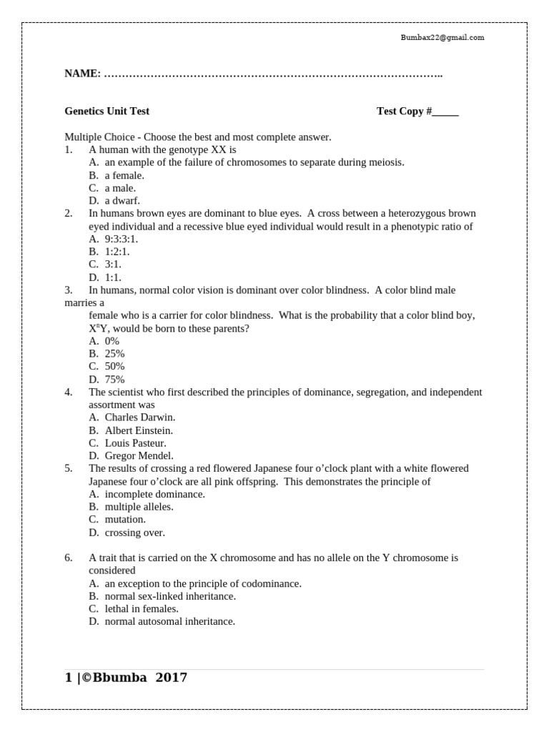 Genetics Unit Test Test Copy | PDF | Dominance (Genetics) | Zygosity