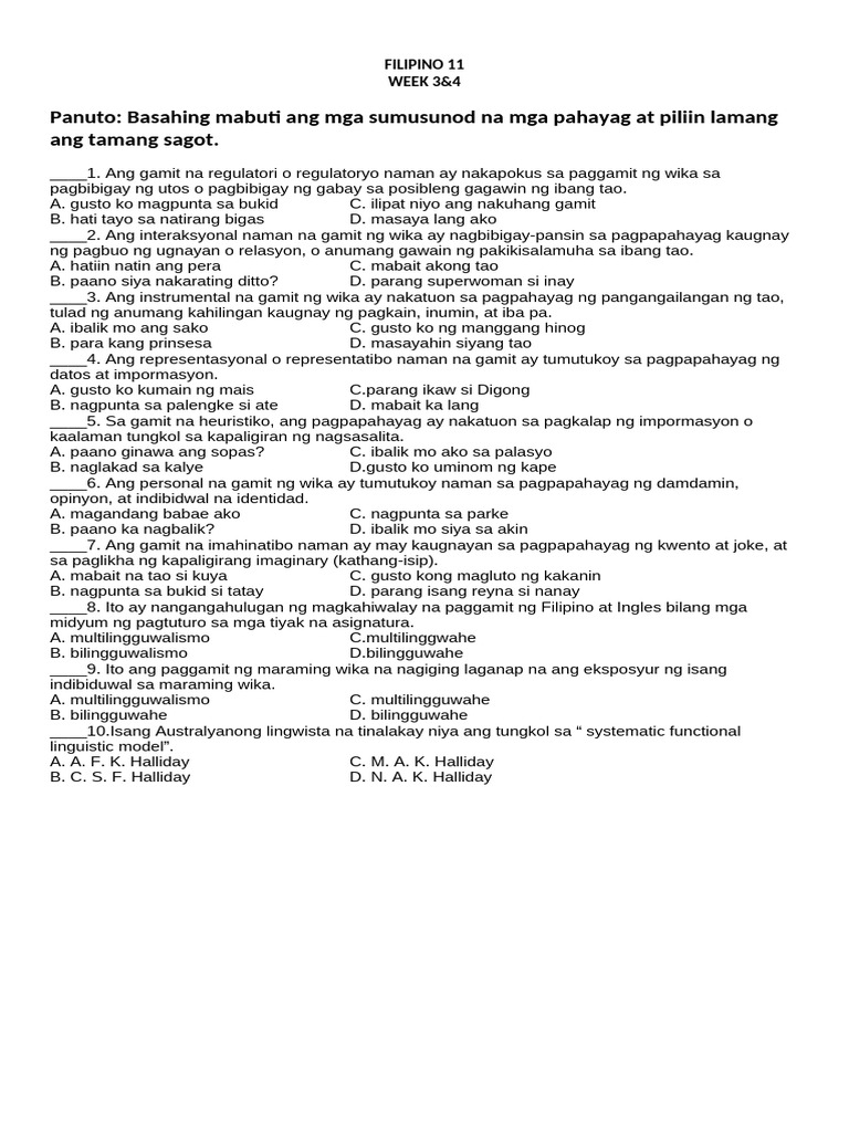 FILIPINO 11 wk3-4 | PDF