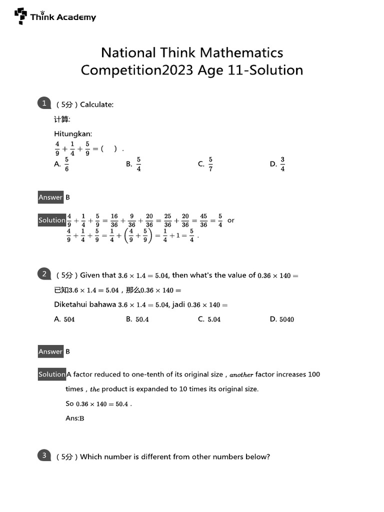 National Think Mathematics Competition2023 Age 11-Solution | PDF