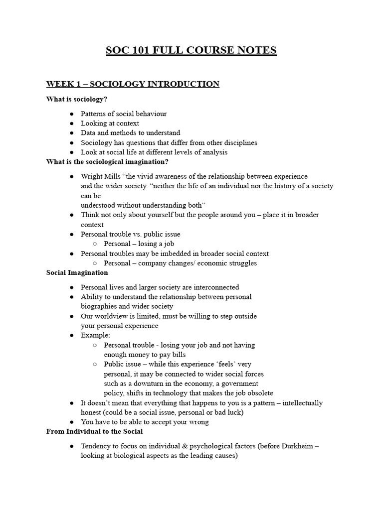 SOC 101 FULL COURSE NOTES (Soc101258) | PDF | Sociology | Positivism