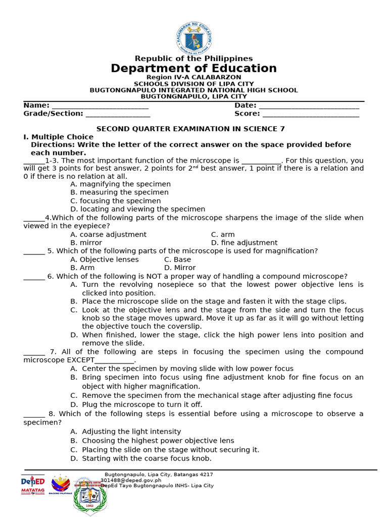 Second Quarter Exam - Science 7 MATATAG - Final | PDF | Sexual Reproduction | Cell (Biology)