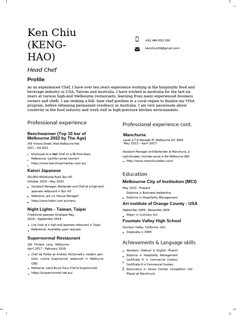 Ken Chiu-CV 2023 | PDF | Chef | Home
