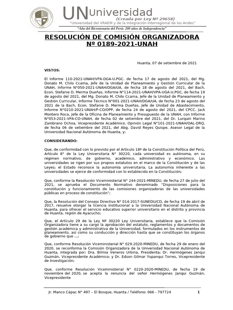 Resolucion C.O. #0189-2021 Encargo Interno Yaneth | PDF | Perú